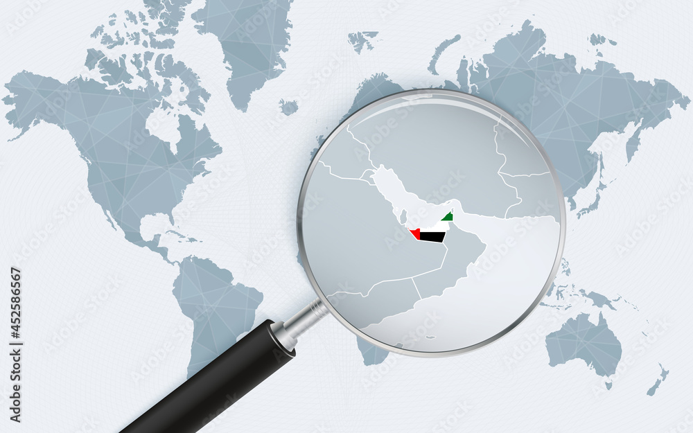 World map with a magnifying glass pointing at United Arab Emirates. Map ...