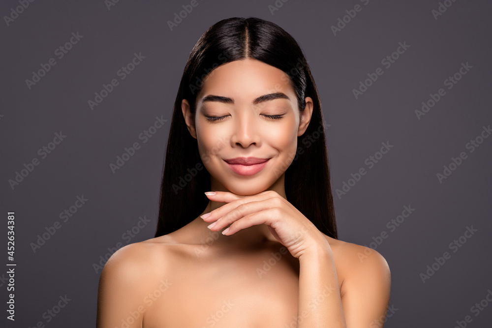 Photo of dreamy inspired model stunning korean brunette lady hand chin ...