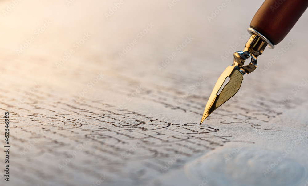 Fountain pen on an antique handwritten letter. Vintage nib pen and ...