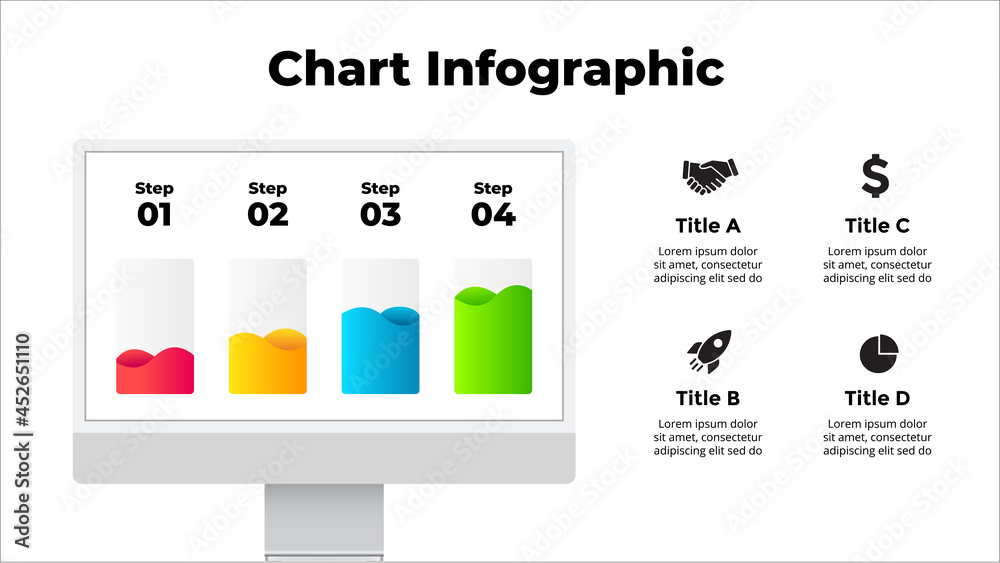 Vector de Stock iMac mock up. Infographic slide template. 4 steps chart ...