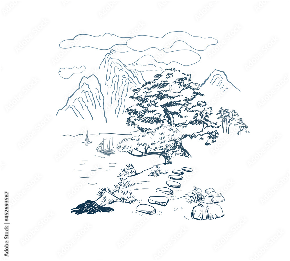 mountains nature landscape view vector sketch illustration japanese ...