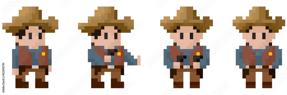 Pixel art illustration of a sheriff with a cowboy hat and two guns in ...