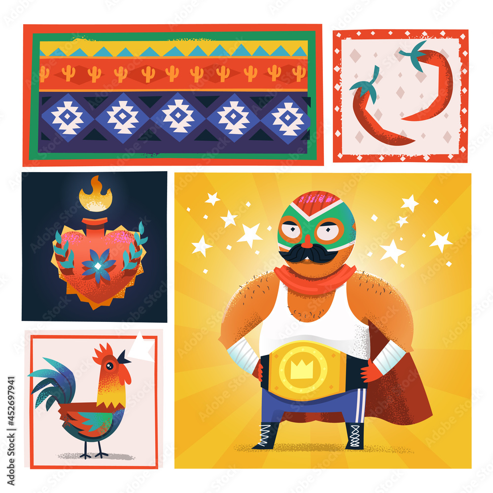 Vector illustration card with Mexican people and elements. Luchador ...