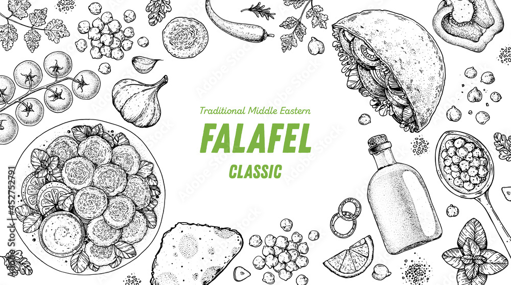 Falafel cooking and ingredients for falafel, sketch illustration ...