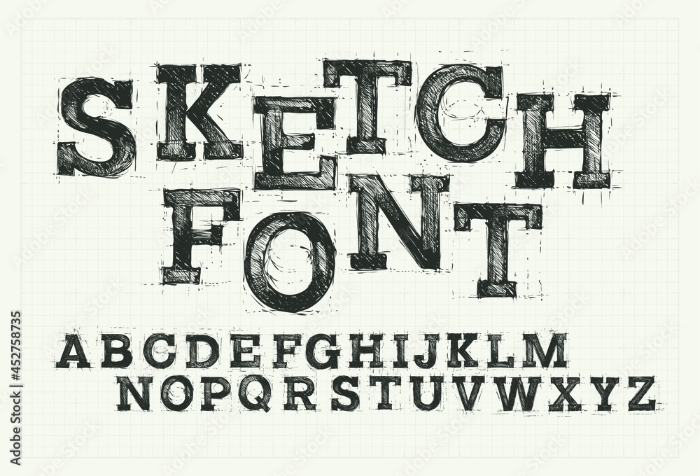 Vector de Stock Sketch font. Alphabet in style of a technical drawing ...