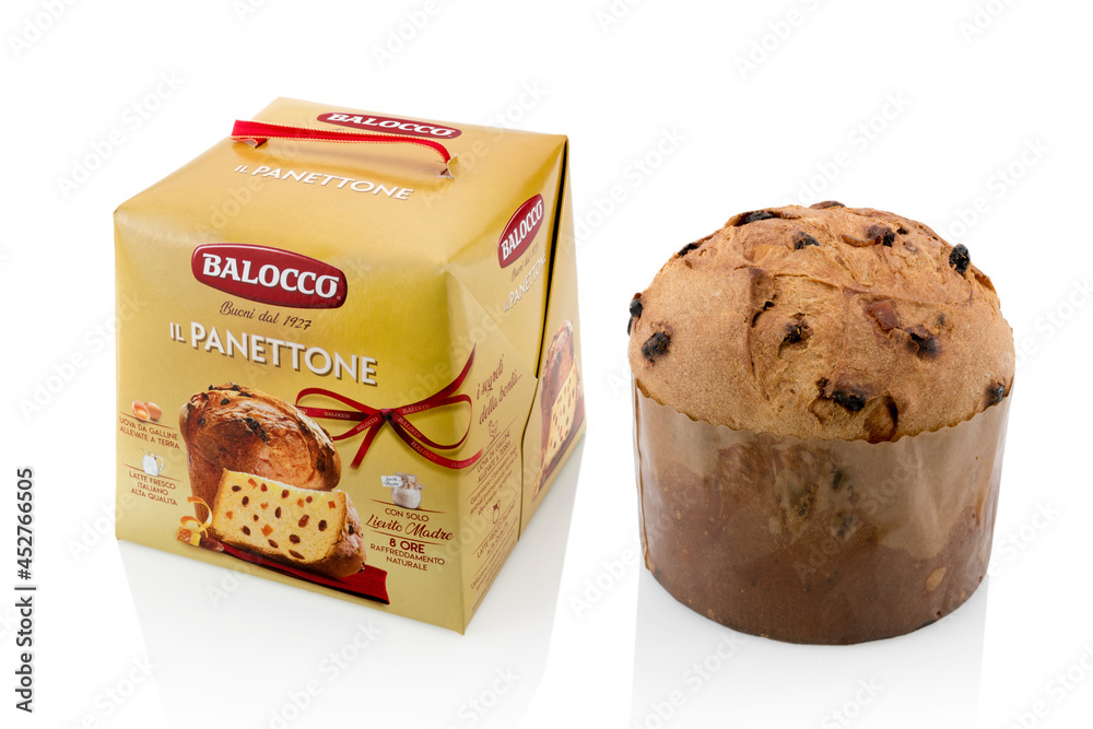 box packaging and panettone Balocco isolated on white background ...