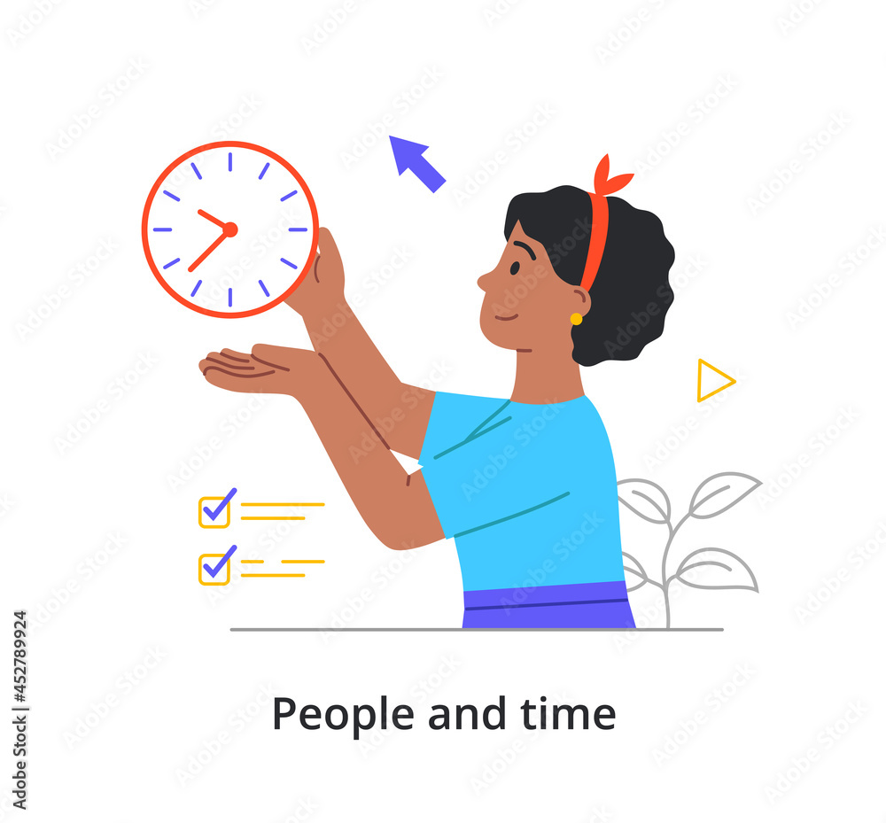 Cheerful female character is lifting her clock up in the air on white ...