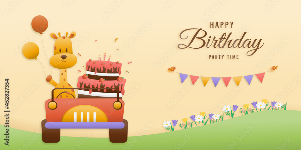 Cute birthday greeting card. jungle animals celebrate children's ...