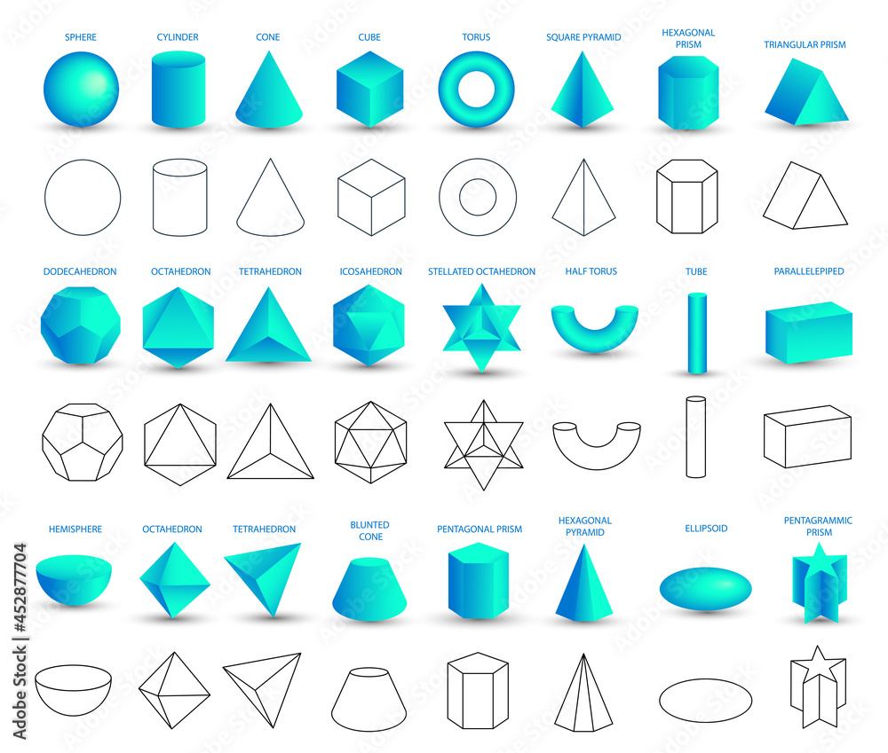 Set of realistic 3D blue geometric shapes isolated on white background ...