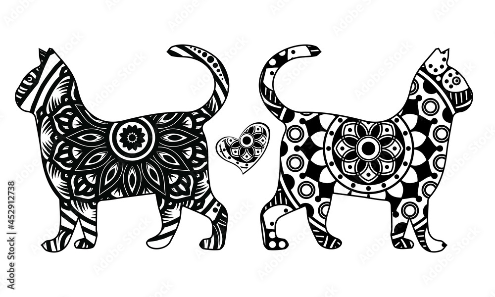 Adult coloring book. Two cute cats. Line art design for antistress ...