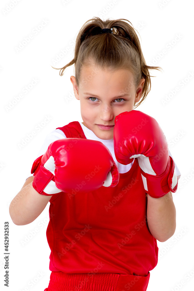 Preteen girl boxing with red gloves Stock Photo | Adobe Stock