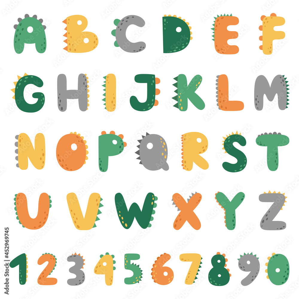 Funny Dino alphabet and numbers. Capital letters in the style of ...