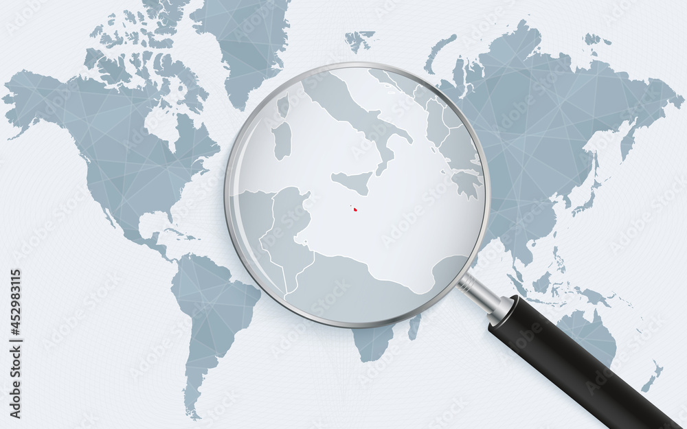 Stock-Vektorgrafik „World map with a magnifying glass pointing at Malta ...