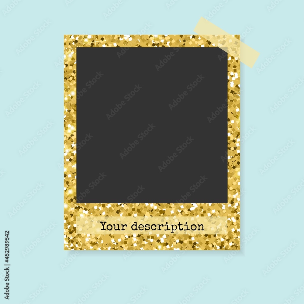 Polaroid gold glitter photo frame with soft shadow and scotch tape ...