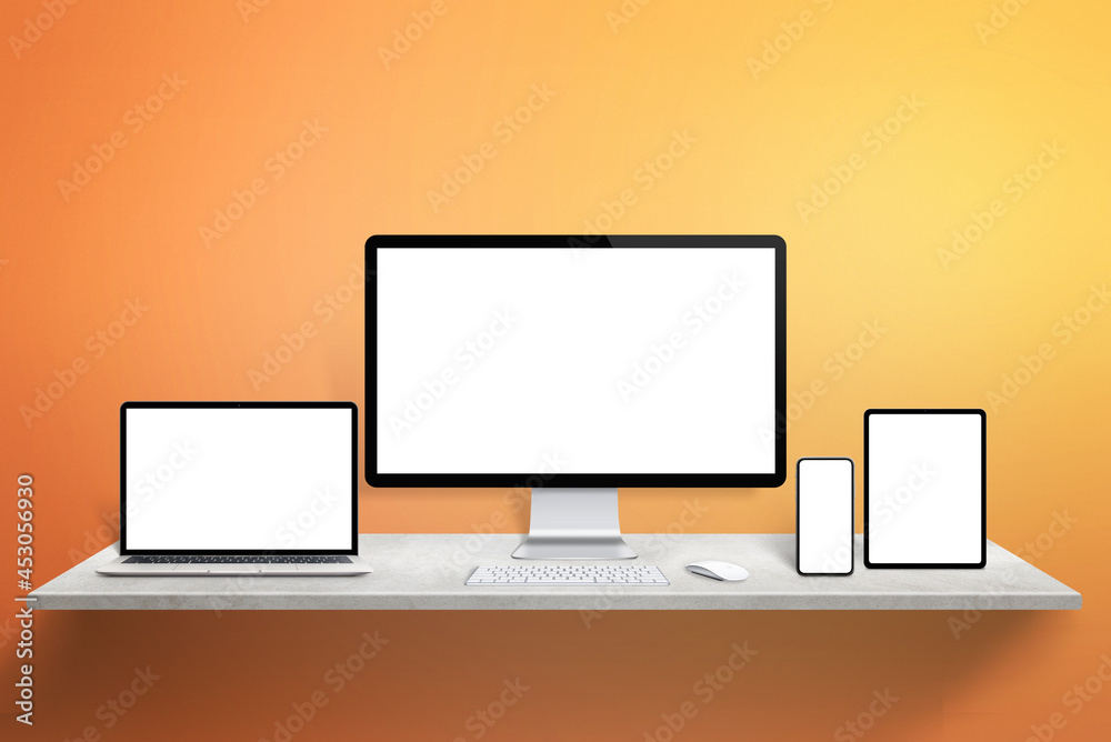 Responsive display devices mockup on desk. Computer display, laptop ...