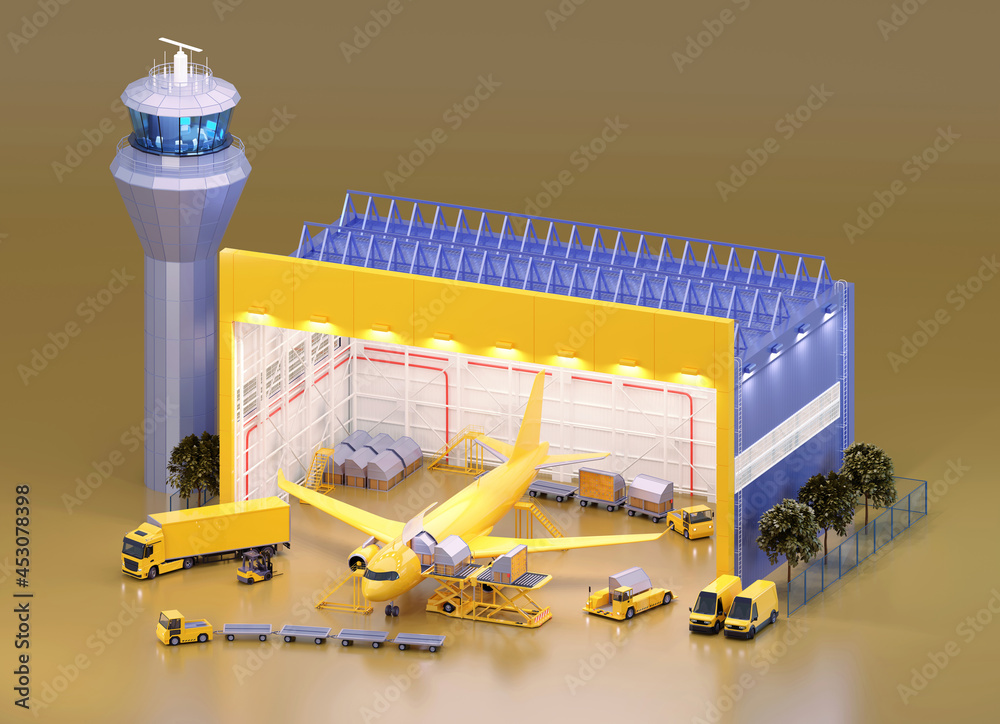 Loading unit load devices on cargo airplane in airport hangar. Aircraft ...
