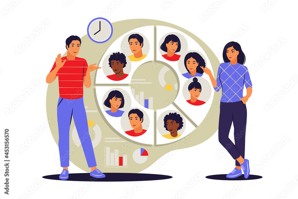 Audience segmentation concept. People near a large circular chart with ...