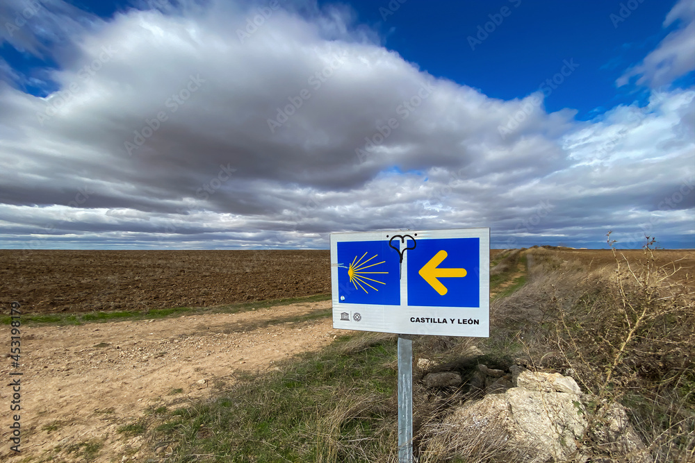 Way Marker Sign for the Camino de Santiago with Yellow Arrow and ...