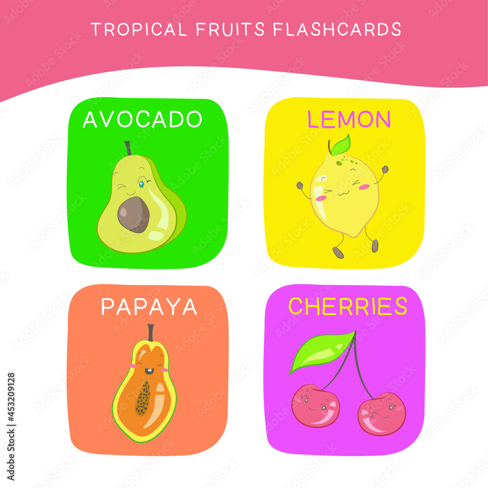 Vektor Tropical fruits Flashcards for Children. Cute fruit flashcards for children. Tropical ...