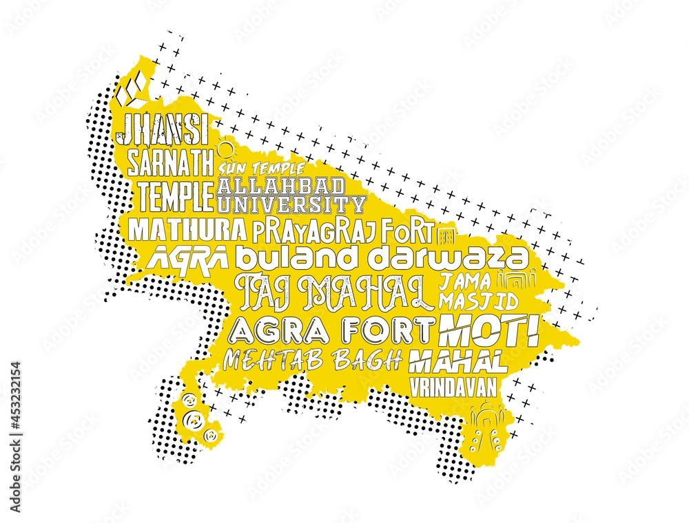 Uttar Pradesh 3D Vector Map with famous monuments and tourist locations ...