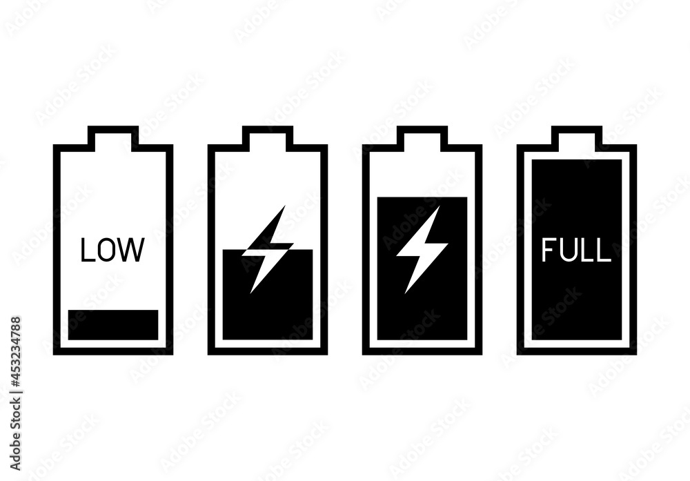 Battery charging status different level, Electric charge icon set ...