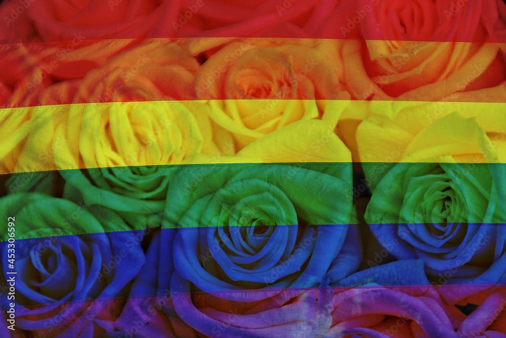 Stock-Foto „Double layer of rainbow flag and a bunch of white roses ...