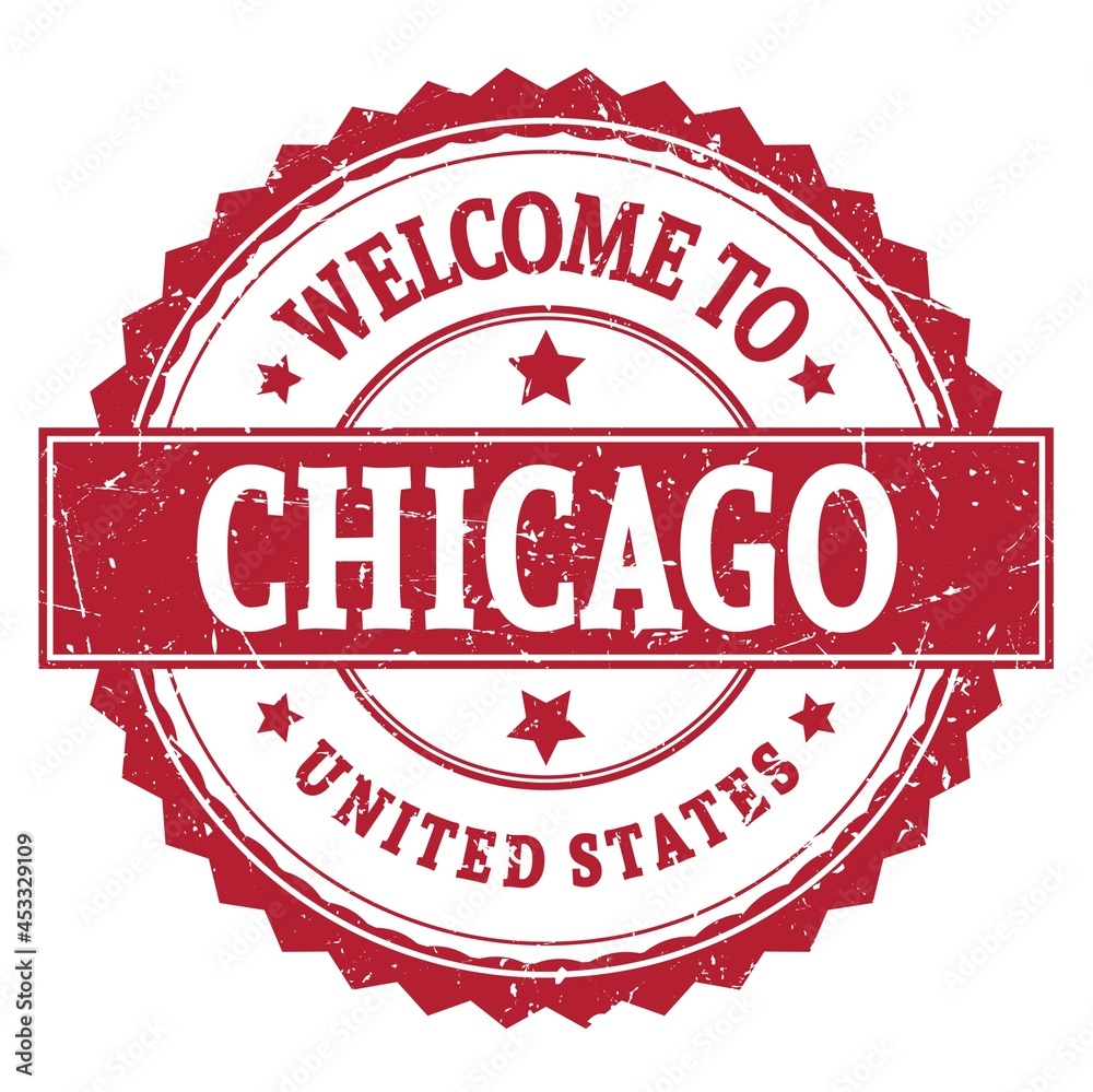 WELCOME TO CHICAGO - UNITED STATES, words written on red stamp Stock ...