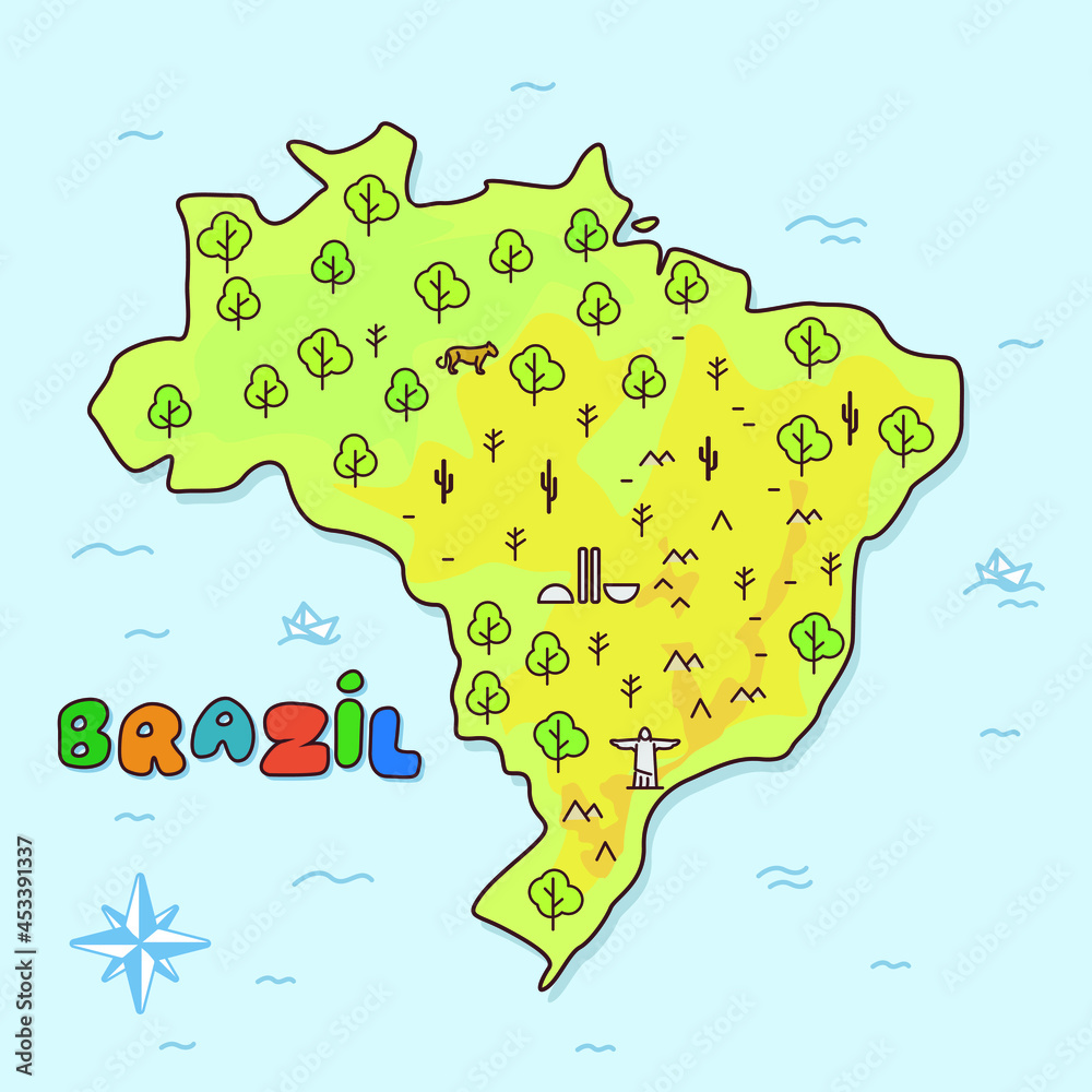 Cute cartoon map of Brazil Stock Vector | Adobe Stock
