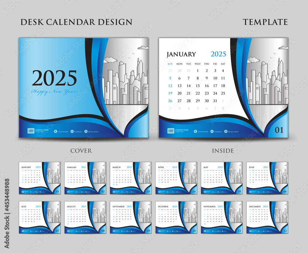 Desk calendar 2025 template set, Cover design, Blue background, wall ...