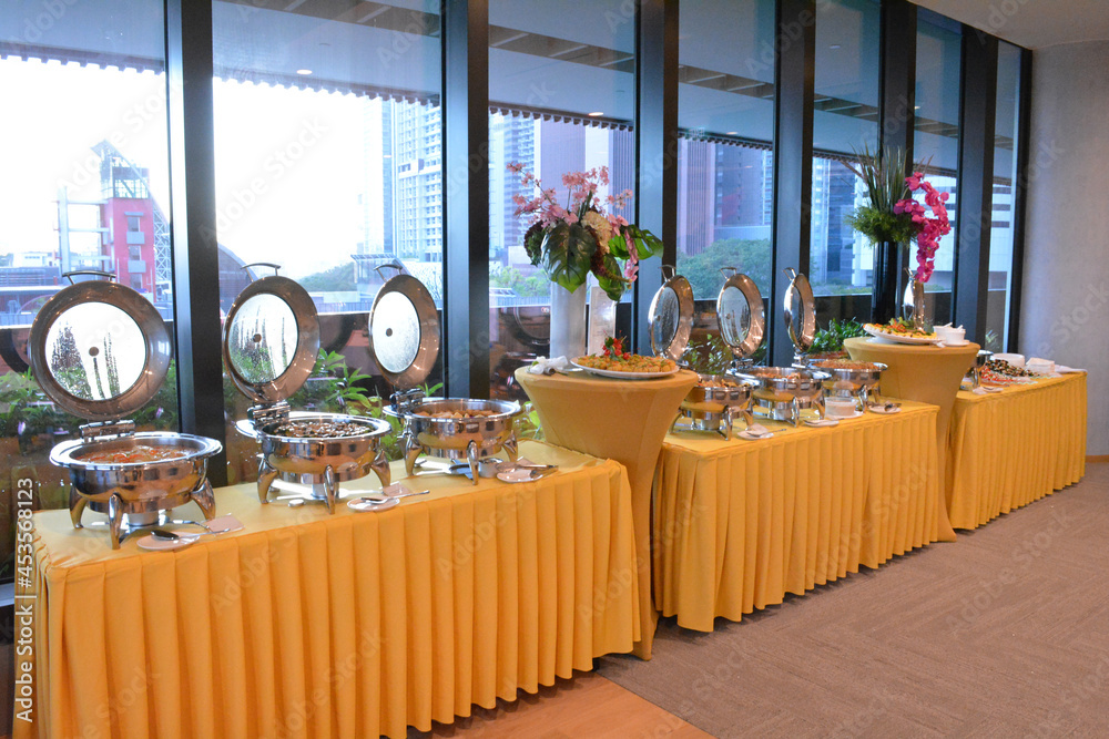 luxury wedding rom dessert buffet party catering with flower decoration ...