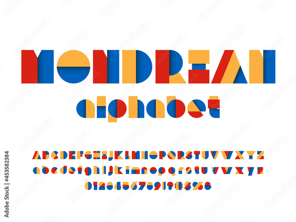 Mondrian cubism art style alphabet design with uppercase, numbers and ...