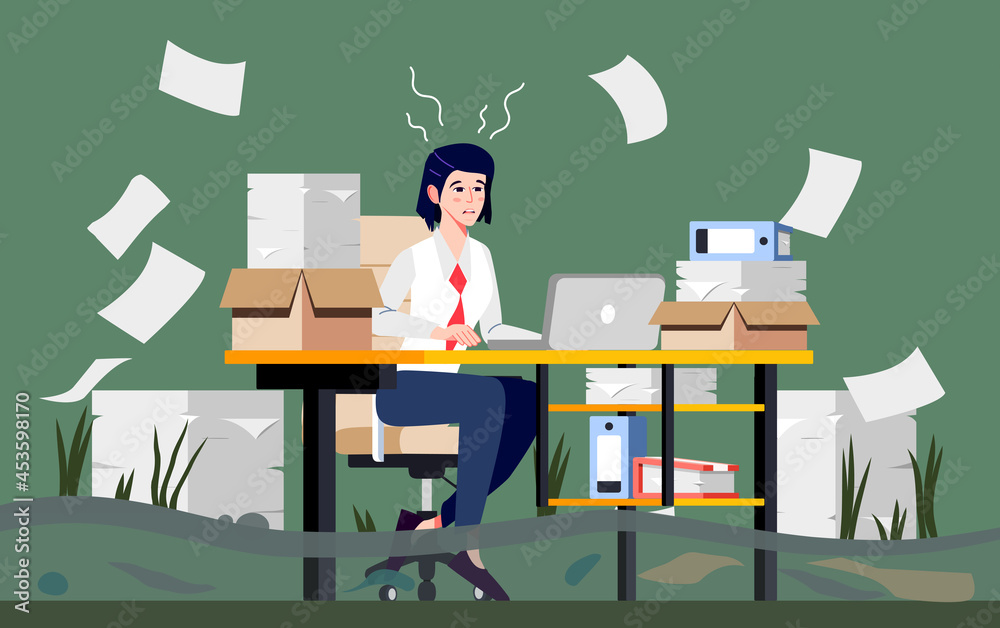 Stressed Office Worker Swamped with Work. Woman in Business Suit sits ...