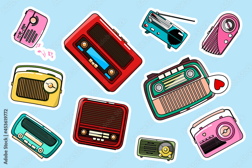 Creative conceptual retro music vector illustration sticker set. Old ...