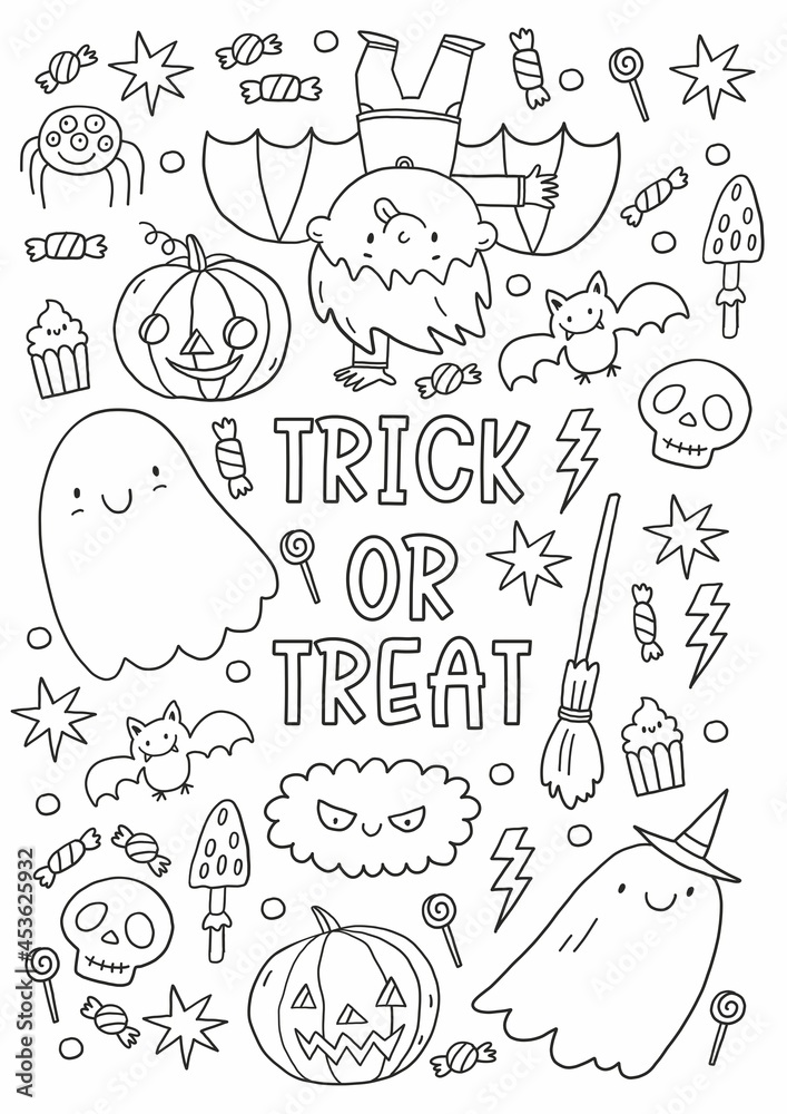 Trick or Treat coloring page. Halloween coloring page for kids. Cartoon ...