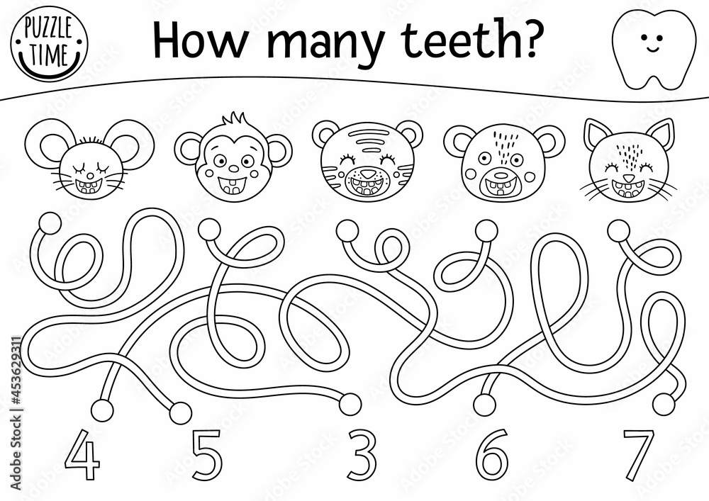 Black and white dental care maze for children. Preschool outline math ...