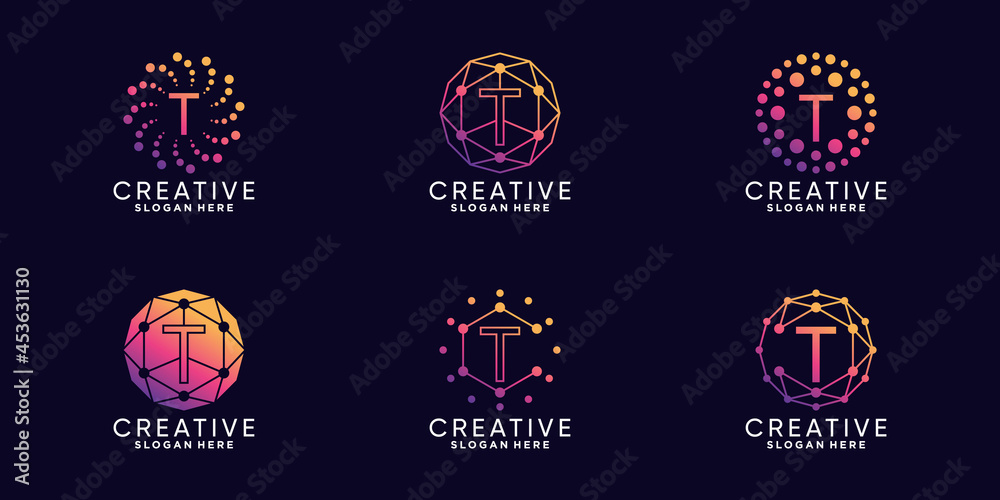 Set bundle monogram logo design technology initial letter t with unique line art and dot style ...