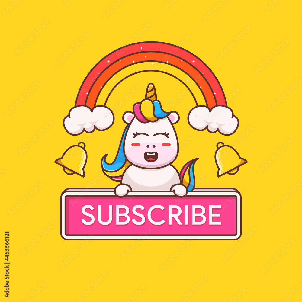 cute unicorn with subscribe button illustration Stock Vector | Adobe Stock