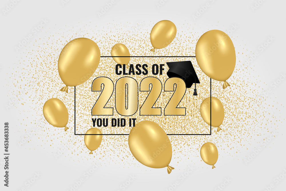 Class of 2022. Gold number with thrown up black education academic cap ...