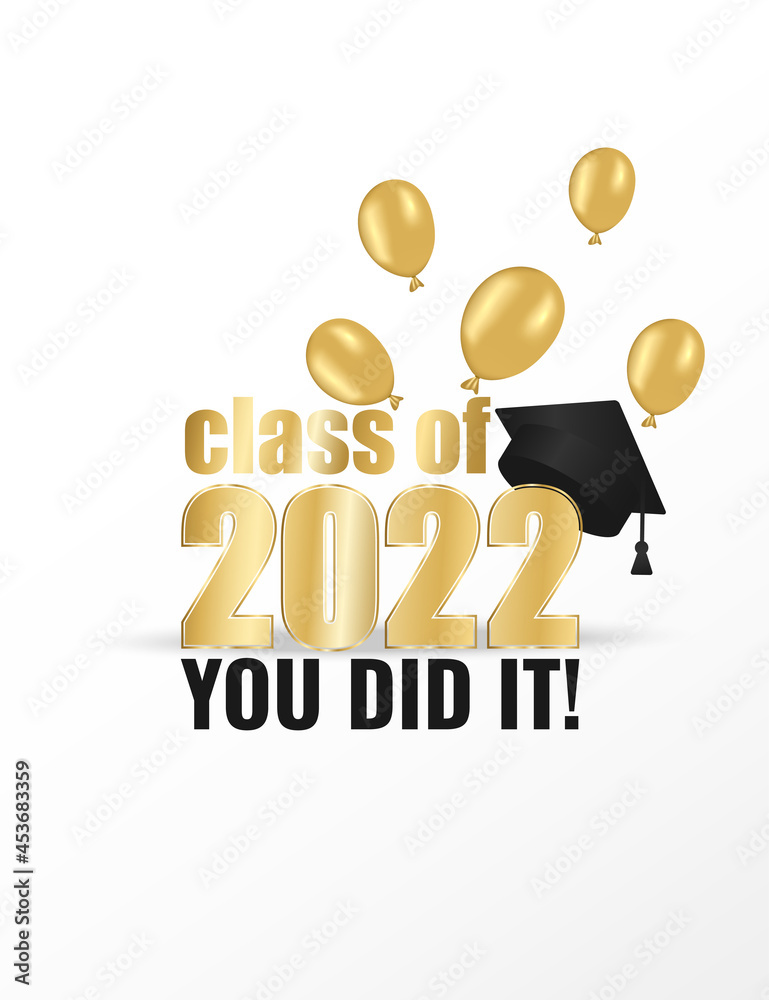 Class of 2022. Gold number with thrown up black education academic cap ...