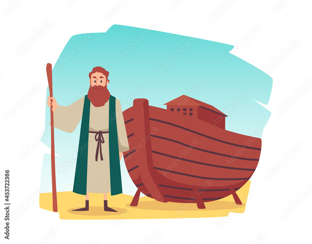 Biblical episode of noah's ark in flat cartoon vector illustration ...