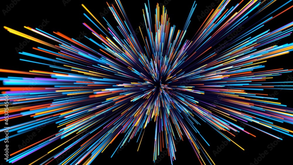 Colorful background or wallpaper with exploding lines. Warp speed. 3D ...