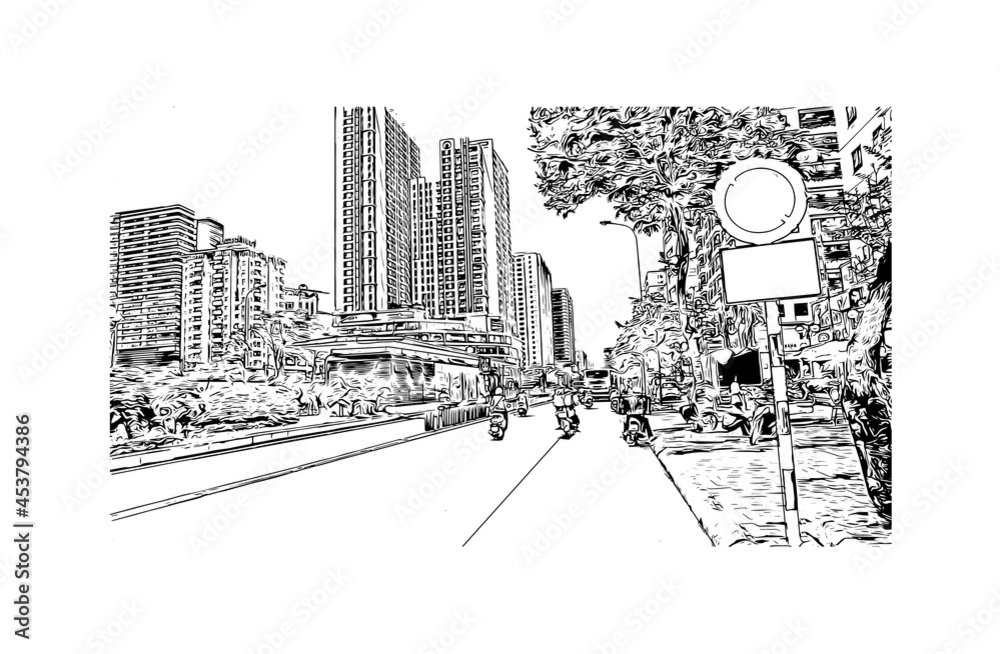 Building view with landmark of Hanoi is the capital in Vietnam. Hand ...