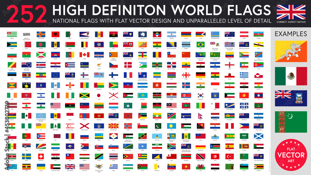 Highly detailed flat vector illustration of a set of 252 flags of the ...