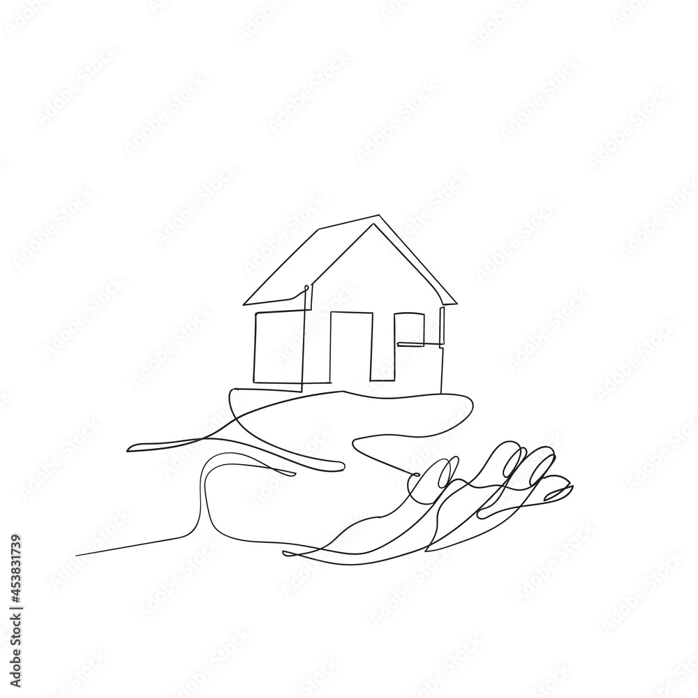 hand drawn hand holding house illustration in continuous line art style ...