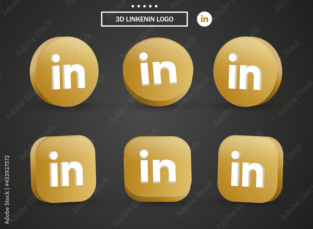 3d linkedin logo in modern golden circle, square for popular social ...