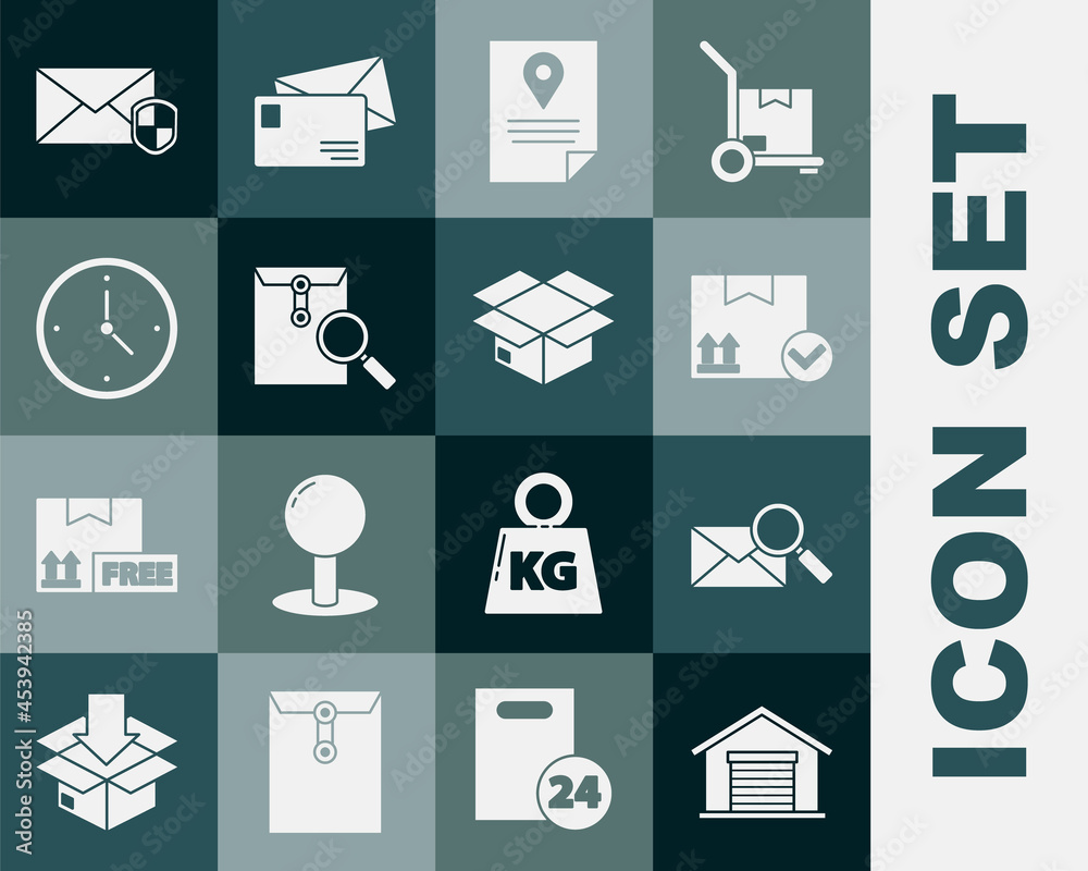 Set Warehouse, Envelope with magnifying glass, Package box check mark, Document tracking marker ...