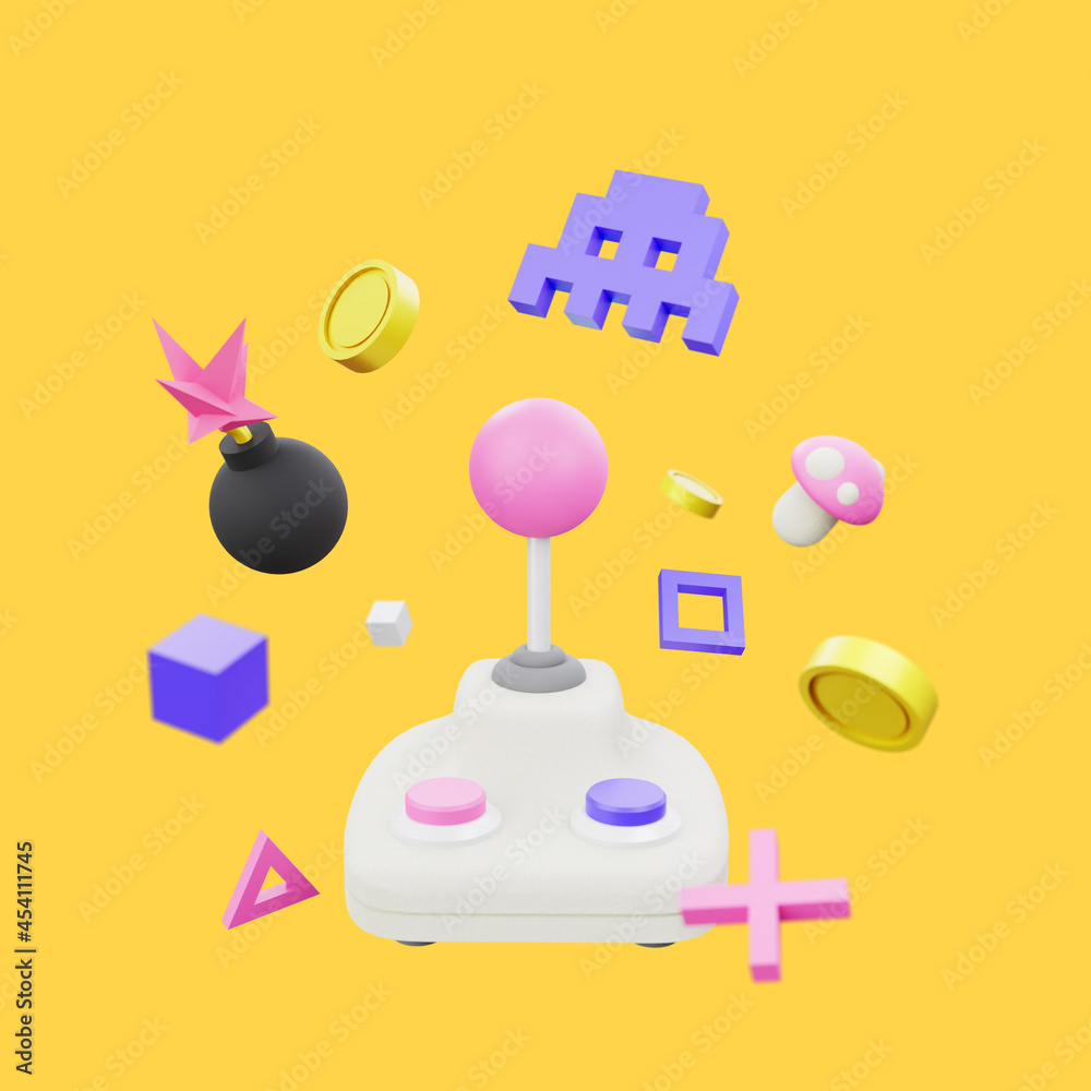 Retro gaming 3D render illustration. 8bit pixel art style arcade game ...