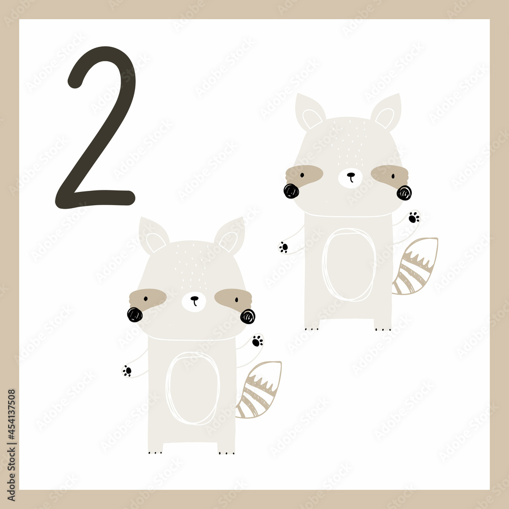 Vector de Stock Number two. Cute hand drawn raccoon. Vector card for ...