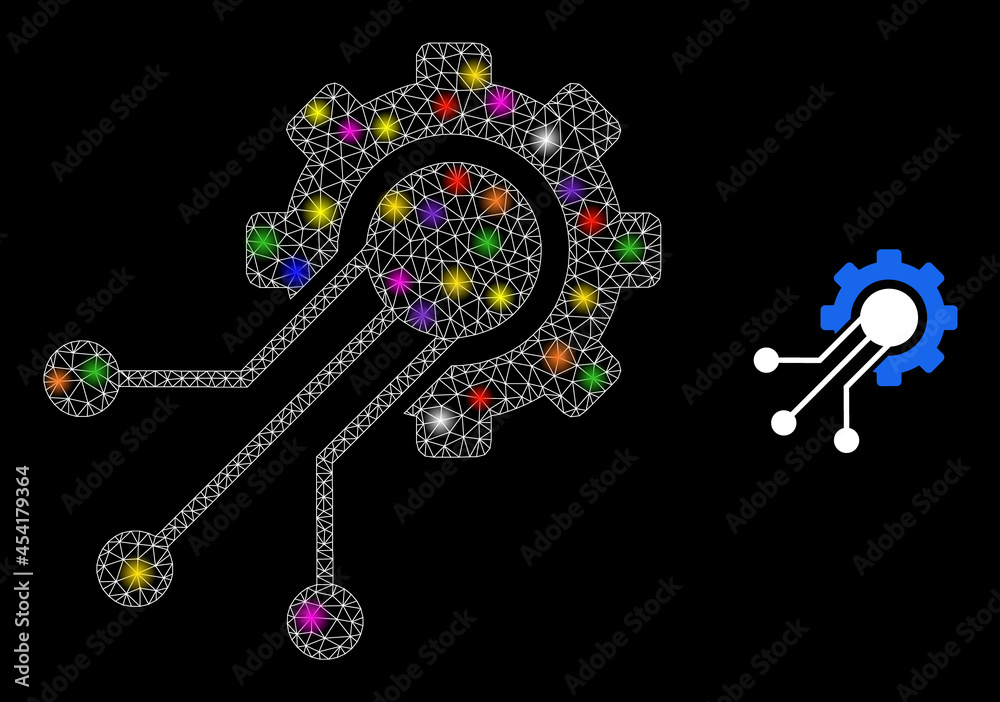 Bright mesh sensor cog constellation icon with light spots. Illuminated ...