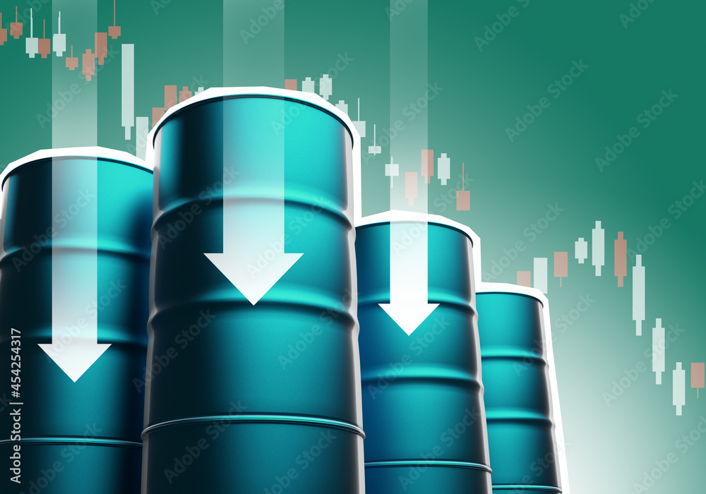 Falling oil price quotes concept. Declining price chart. Metal barrels ...
